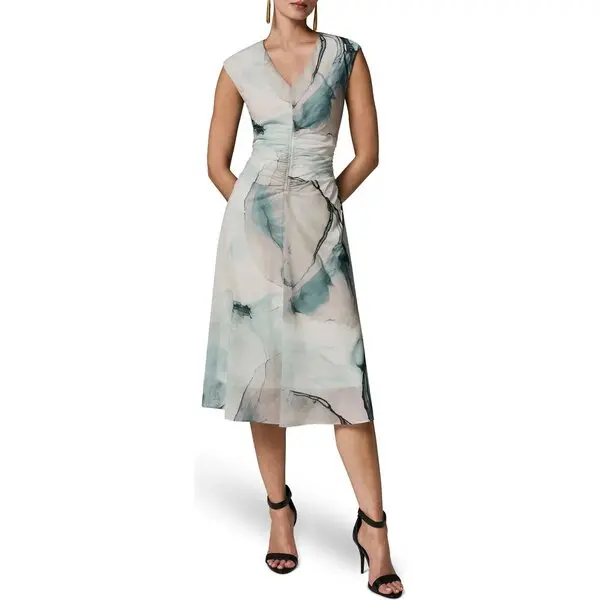 Donna Karan New York Watercolor Print Ruched Midi Dress - Skylight Multi