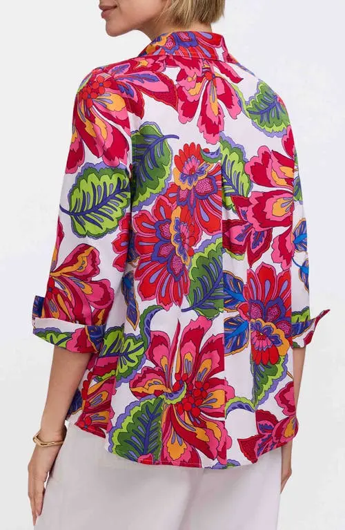 Foxcroft Agnes Paradise Blooms Three-quarter Sleeve Cotton Popover Top - Pink/multi