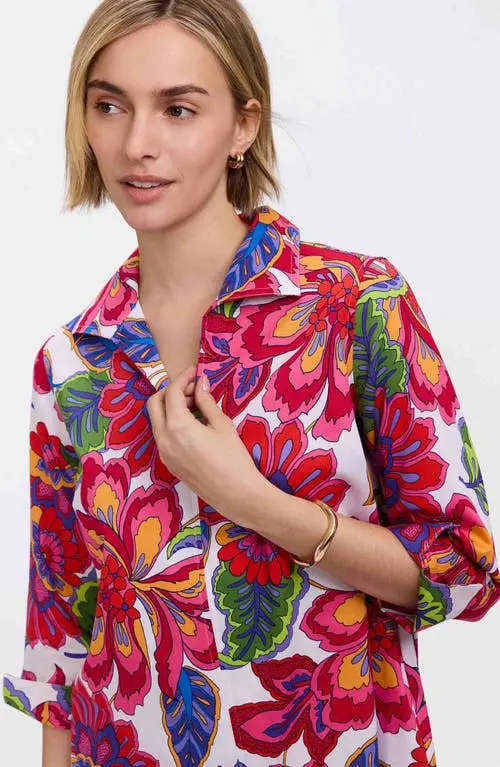 Foxcroft Agnes Paradise Blooms Three-quarter Sleeve Cotton Popover Top - Pink/multi