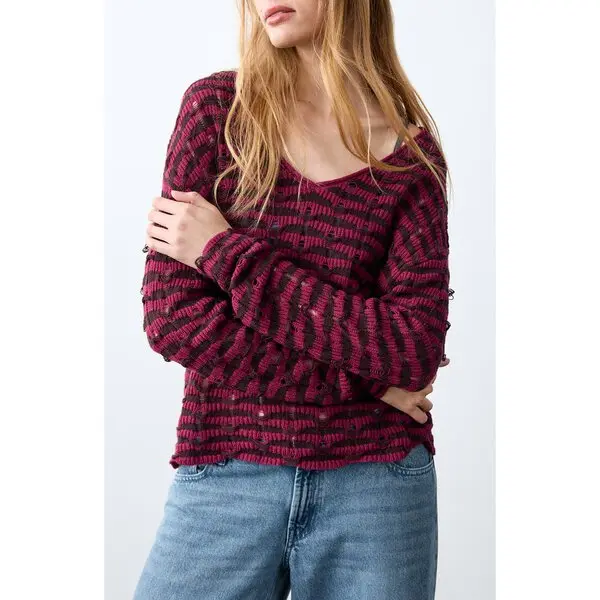 Mango Stripe Openwork V-neck Sweater