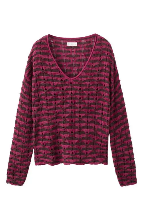 Mango Stripe Openwork V-neck Sweater
