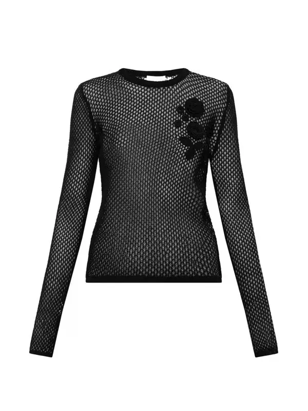 GANNI Floral-appliqué Crochet-knit Sweater - Black