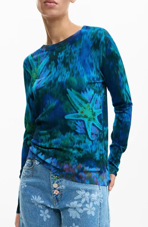 Desigual Floral Fine Gauge Crewneck Sweater - Blue/green