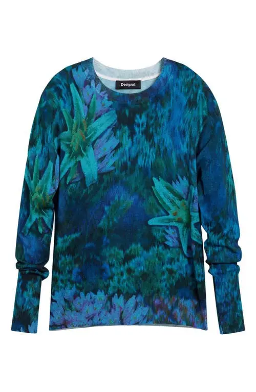 Desigual Floral Fine Gauge Crewneck Sweater - Blue/green