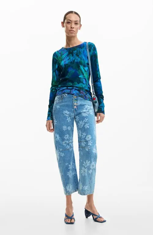 Desigual Floral Fine Gauge Crewneck Sweater - Blue/green