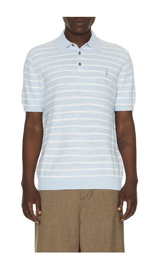 Polo Ralph Lauren Cotton Blend Textured 3 Button Placket Short Sleeve Sweater In Blue