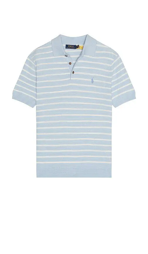 Polo Ralph Lauren Cotton Blend Textured 3 Button Placket Short Sleeve Sweater In Blue