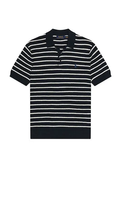 Polo Ralph Lauren Cotton Blend Textured 3 Button Placket Short Sleeve Polo Sweater In Blue - Bright Navy Combo