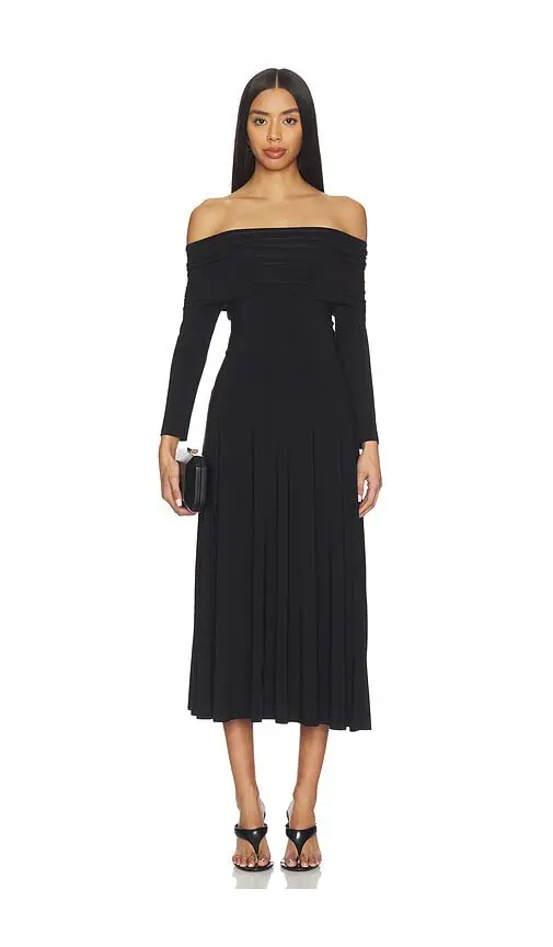 Norma Kamali 3/4 Sleeve Cowl Neck Flared Dress - Black