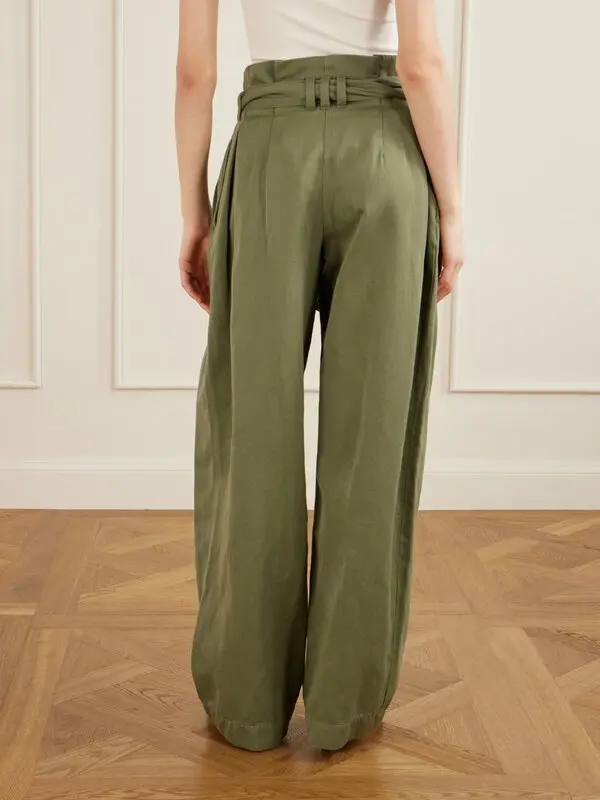 Balmain Belted Pleated Cotton And Linen-blend Twill Tapered Pants