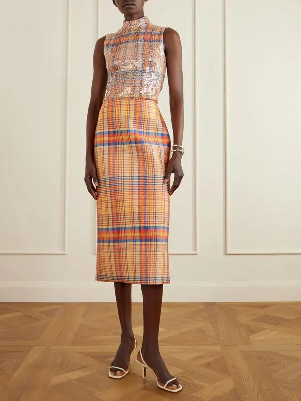 Brandon Maxwell Mercer Checked Wool And Silk-blend Mikado Midi Skirt