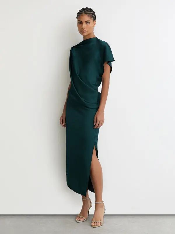 REISS Kenzie Satin Asymmetric Draped Midi Dress - Teal Green
