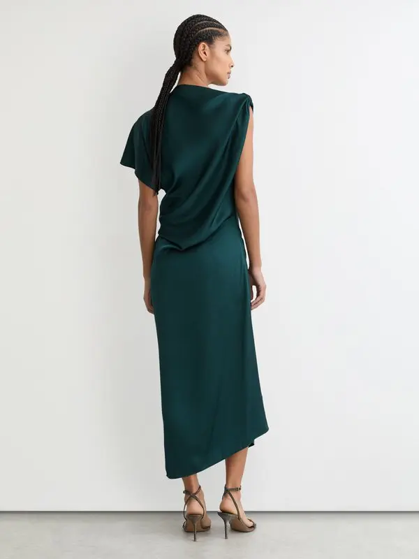REISS Kenzie Satin Asymmetric Draped Midi Dress - Teal Green
