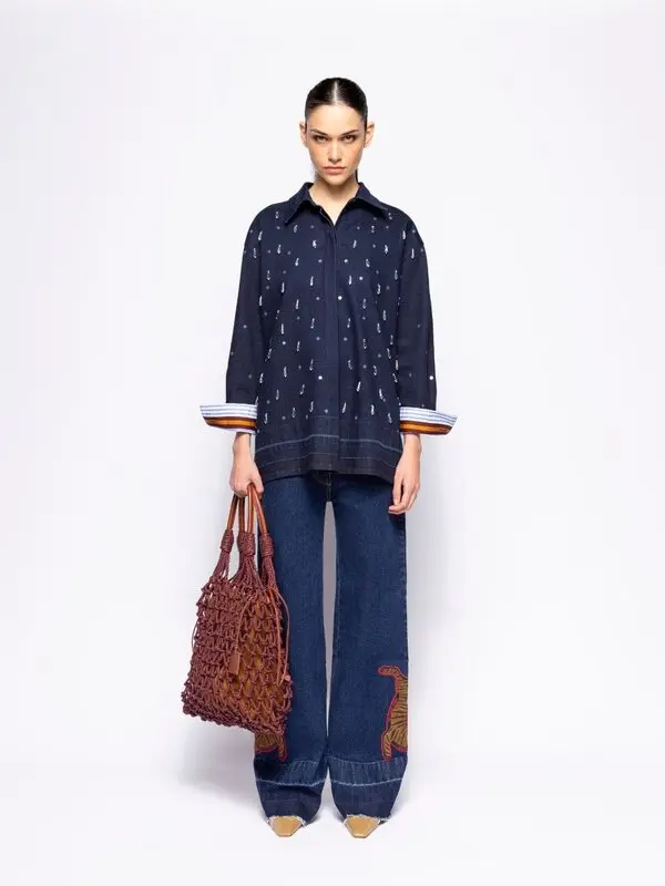 PAULA Embroidered Wide-leg Denim Pants - Blue