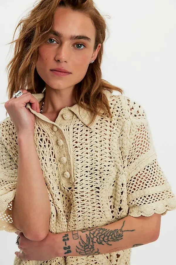 Free People We The Free Dahlia Crochet Polo - Tea