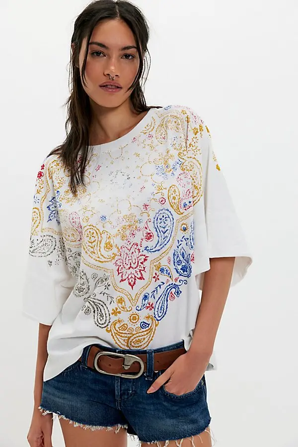 Free People We The Free Heirloom Printed Tee - Ivory Combo