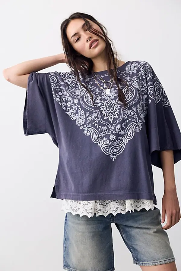 Free People We The Free Heirloom Printed Oversized T-shirt - Navy Combo