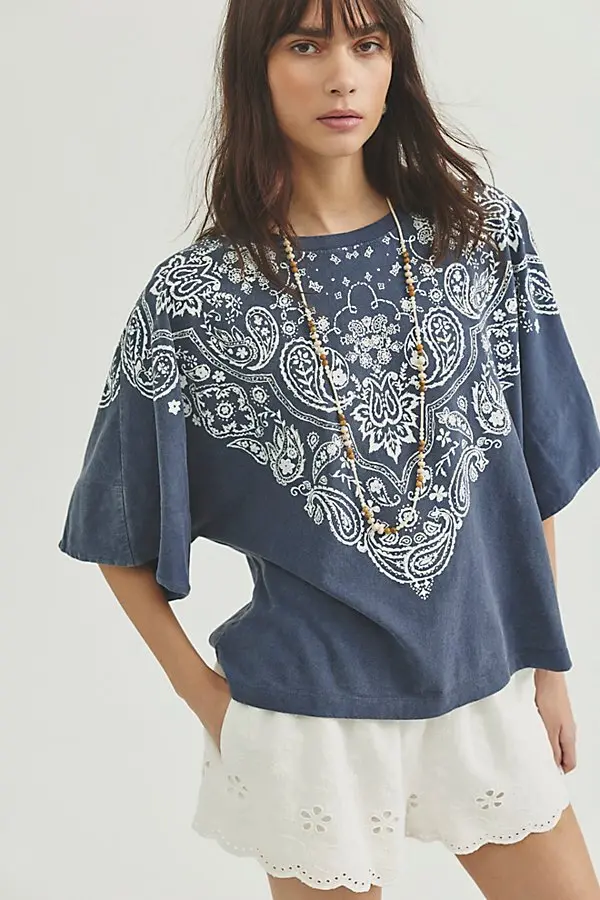 Free People We The Free Heirloom Printed Tee - Navy Combo