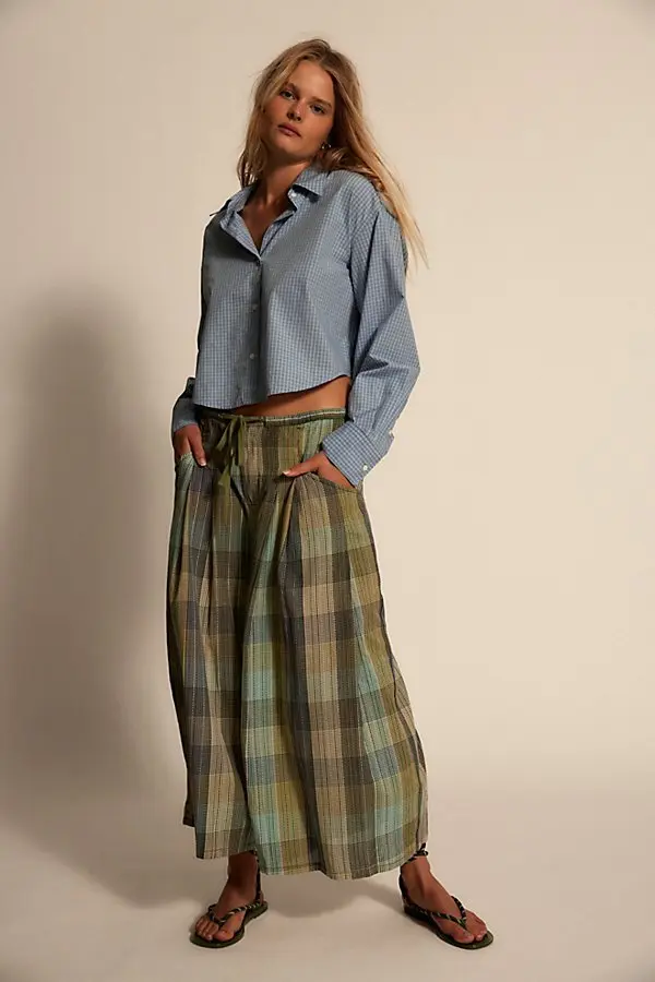 Free People Telluride Wide-leg Cropped Madras Pants - Army Combo