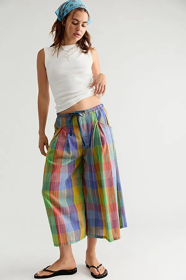 Free People Telluride Wide-leg Cropped Madras Pants - Rainbow Combo