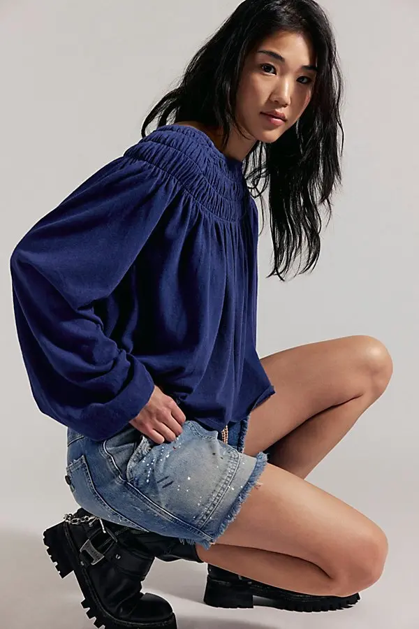 Free People We The Free Peaches Off-the-shoulder Blouse - Deeper Iris