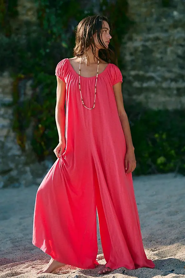 Free People Amory One-piece Jumpsuit With Puffed Sleeves And Wide Legs - Miami Beet