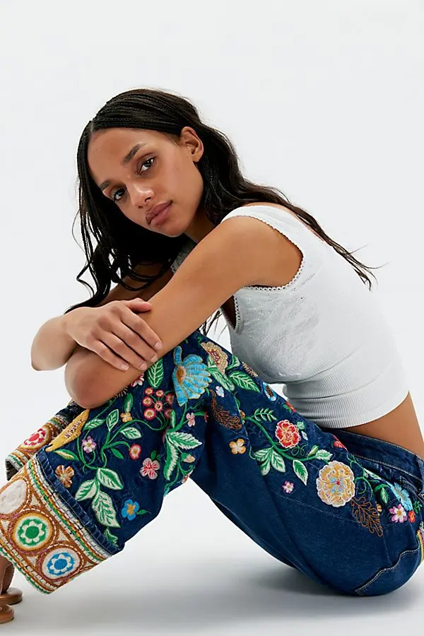 DRIFTWOOD Embroidered Cuffed Barrel Jeans - Dark Indigo
