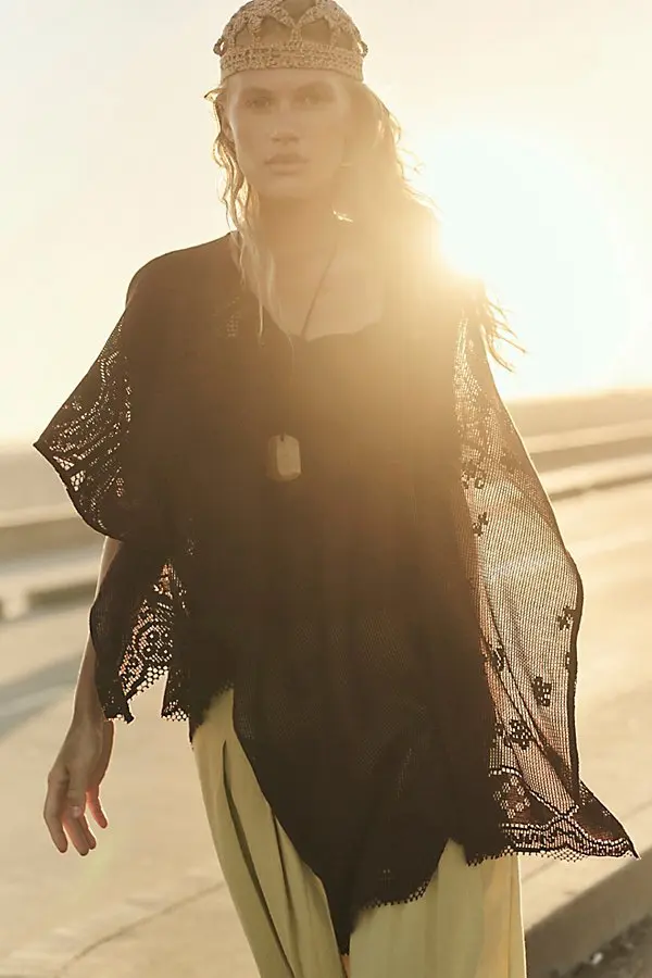 Free People Elsa Lace Poncho Jacket - Coffee Bean