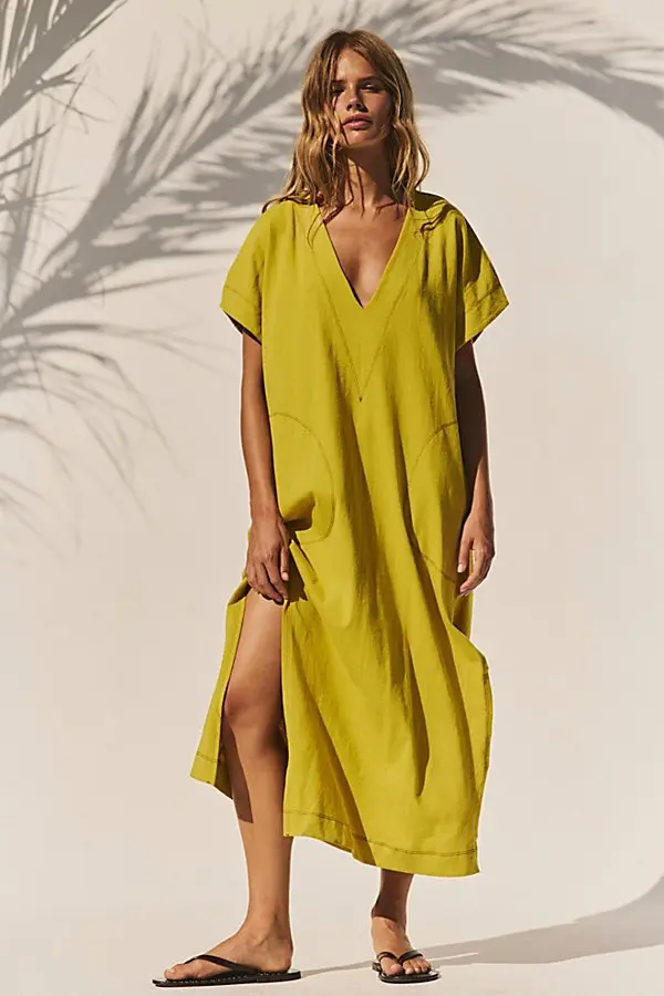 Free People Maxi Dress With V-neckline And Side Slits - Acid Moss