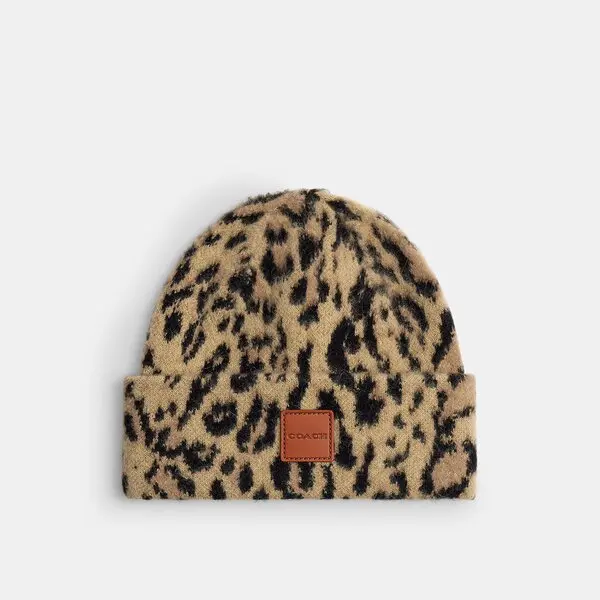 COACH Leopard Print Beanie - Tan
