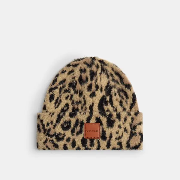 COACH Leopard Print Beanie - Tan