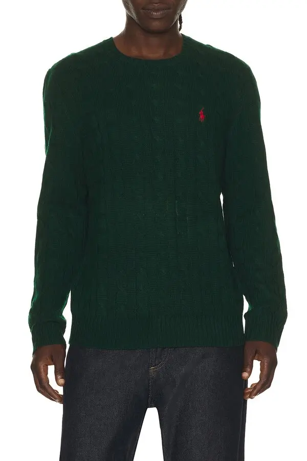 Polo Ralph Lauren Long Sleeve Wool Cashmere Cable Knit Crewneck Sweater In Dark Green - Moss Agate