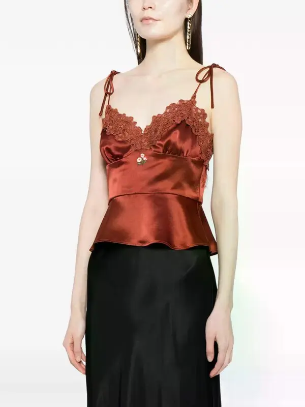 Cynthia Rowley Satin Lace Peplum Top - Brown