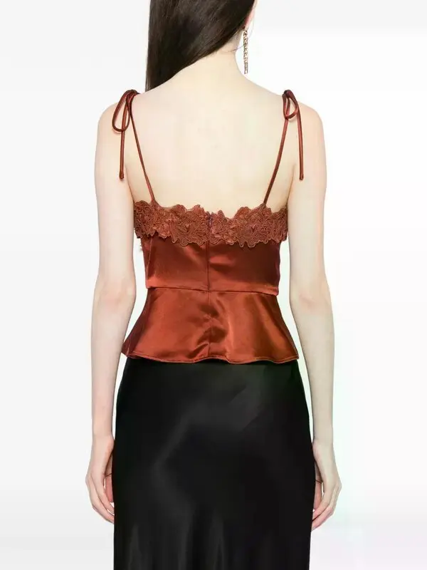 Cynthia Rowley Satin Lace Peplum Top - Brown