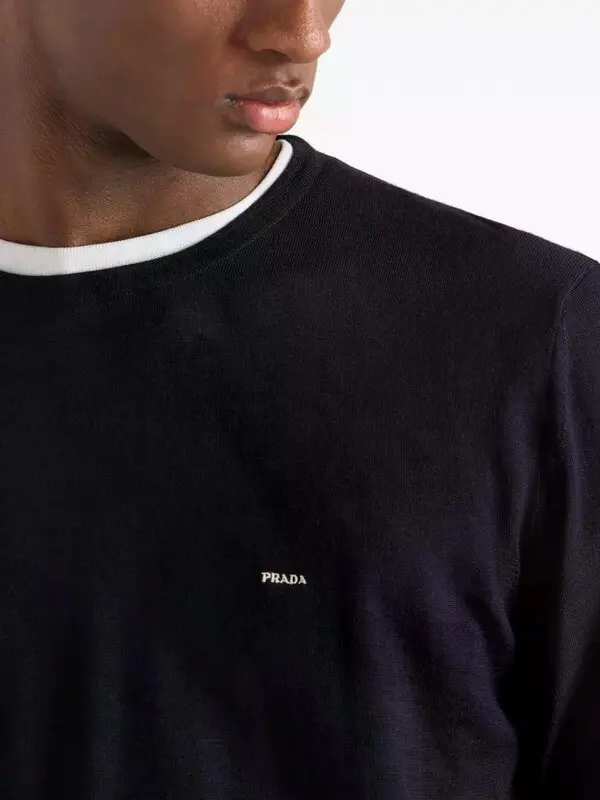 Prada Superfine Wool Crew-neck Sweater With Embroidered Logo - Blue