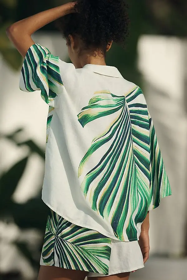 CELANDINE Linen Blend Buttondown Shirt - Botanical Pattern