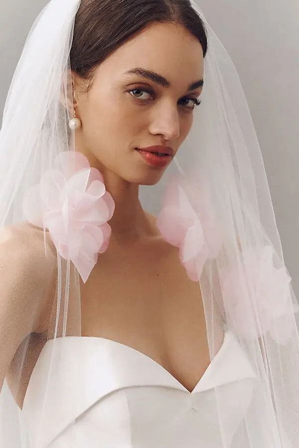 ENAURA Cathedral Veil With Dimensional Floral Accents - Pink