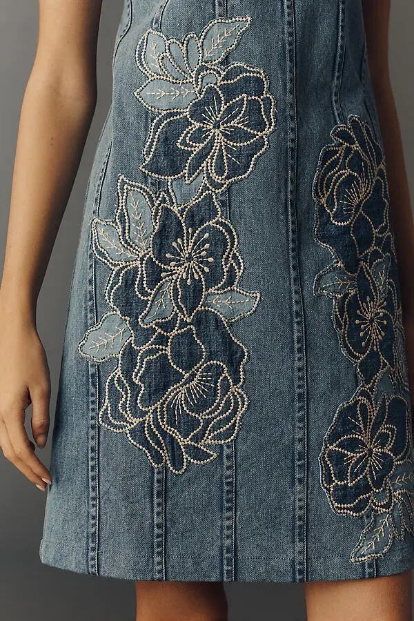 Maeve Embroidered Denim Halter Dress