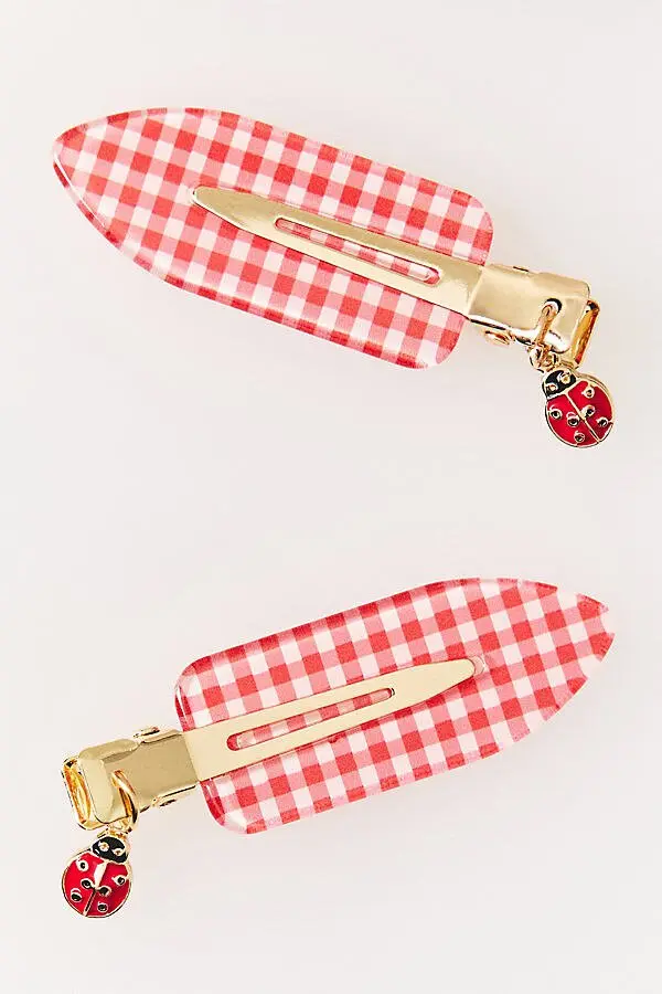 Anthropologie Picnic Collection Gingham Clips With Charm, Set Of 2 - Red Pattern