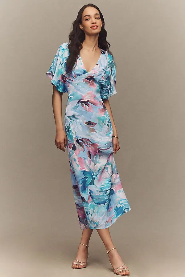 Bhldn Amelia Midi Dress - Cerulean Painted Petals
