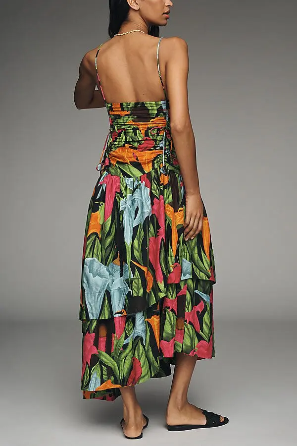Farm Rio A-Line Linen Blend Midi Dress - Black Pattern | Editorialist
