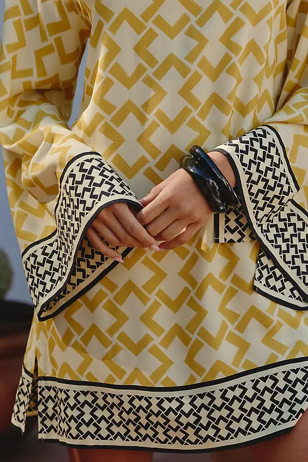 BEL KAZAN Printed Long-sleeve Tunic Top - Yellow Pattern