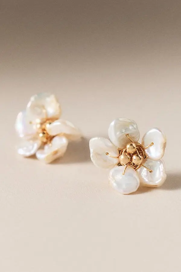 Anthropologie Freshwater Pearl Floral Stud Earrings - White
