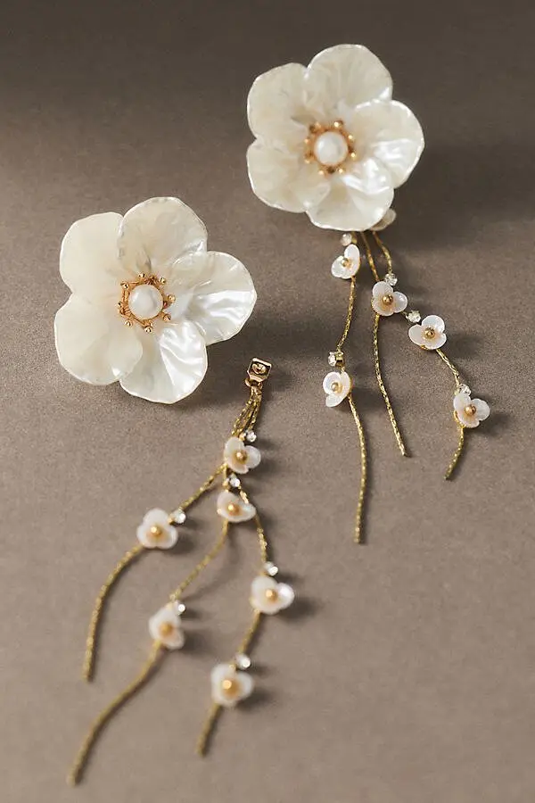 Anthropologie Iridescent Flower Drop Earrings - White