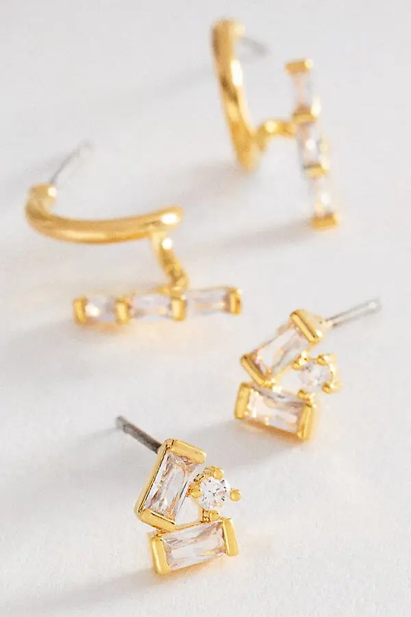 Anthropologie Geometric Crystal Huggie Earrings, Set Of 2 - Gold
