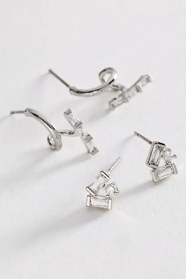 Anthropologie Geometric Crystal Huggie Earrings, Set Of 2 - Silver