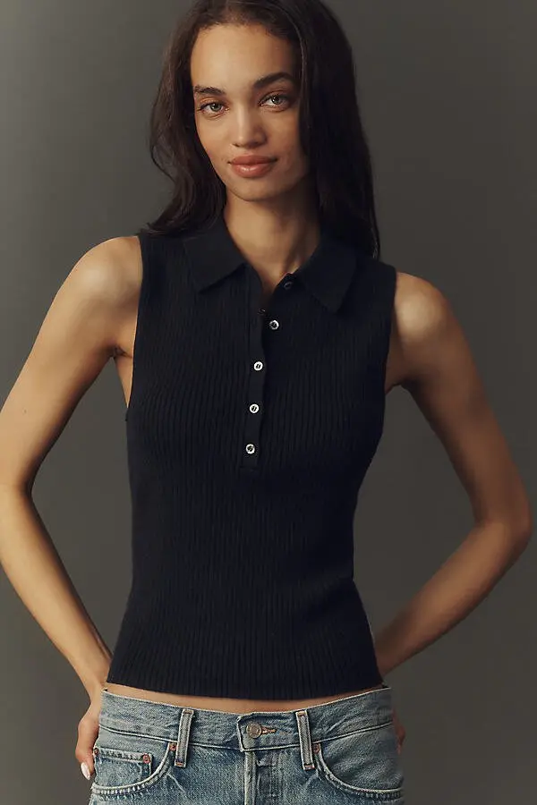 Paige Vesta Collared Tank Top - Black