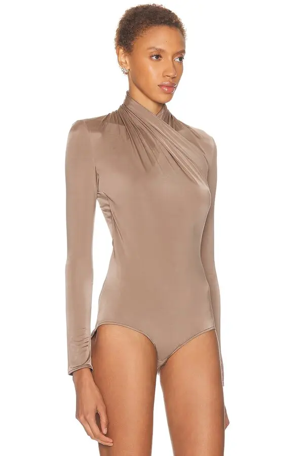 MUGLER Long Sleeve High Neck Bodysuit - Taupe
