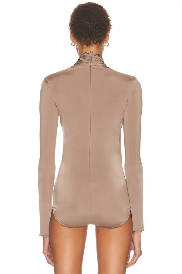 MUGLER Long Sleeve High Neck Bodysuit - Taupe