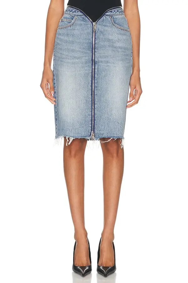 Alexander Wang Dipped V Zip Waistband Denim Skirt - Authentic Light Indigo